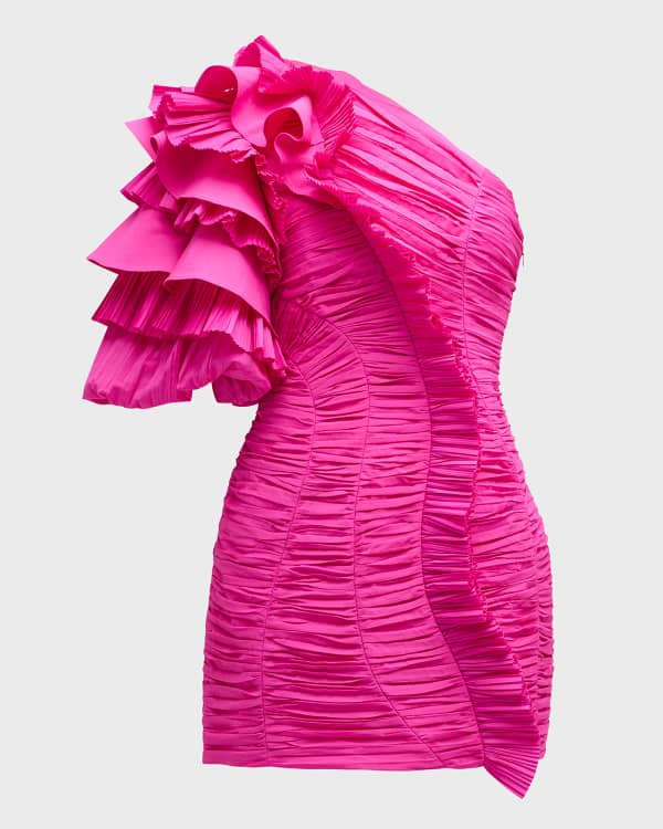 Misha Cormac Pleated One-Shoulder Satin Mini Dress | Neiman Marcus