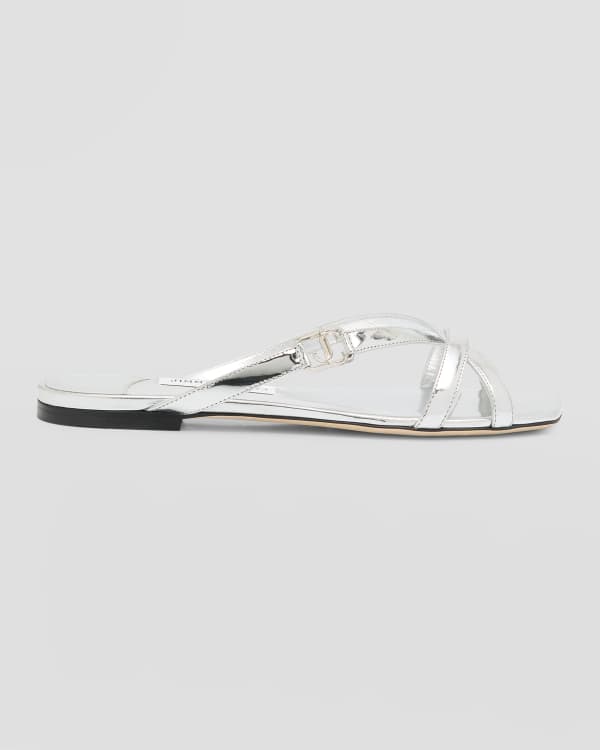 Saint Laurent Cassandre YSL Logo Flat Metallic Sandals | Neiman Marcus