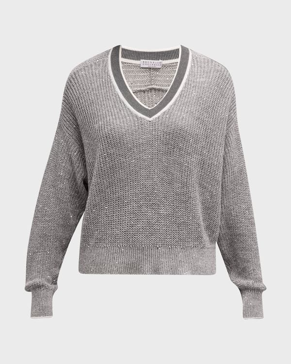 Brunello Cucinelli Linen-Silk Paillette Net-Knit Sweater | Neiman Marcus
