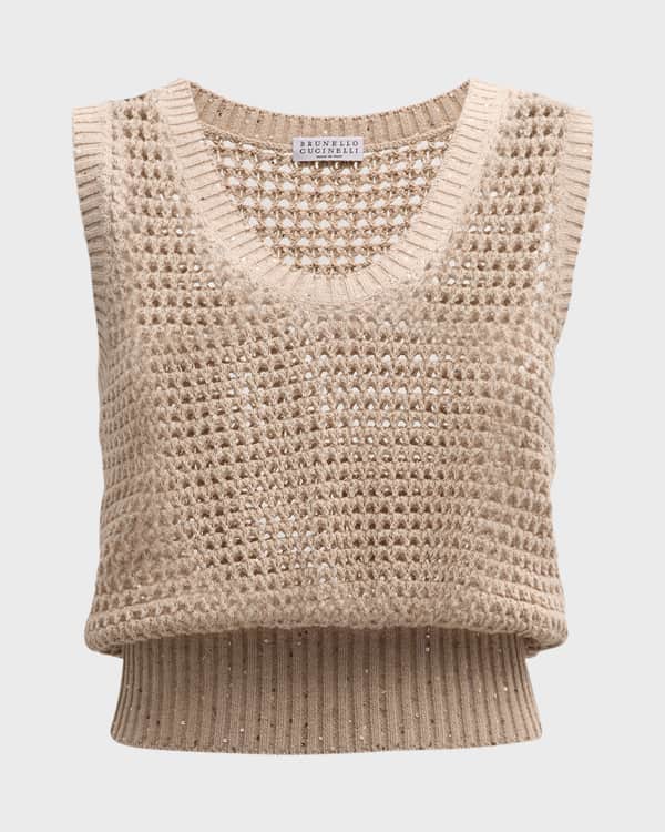 Brunello Cucinelli Linen Open-Work Knit Crewneck with Micro Paillette ...