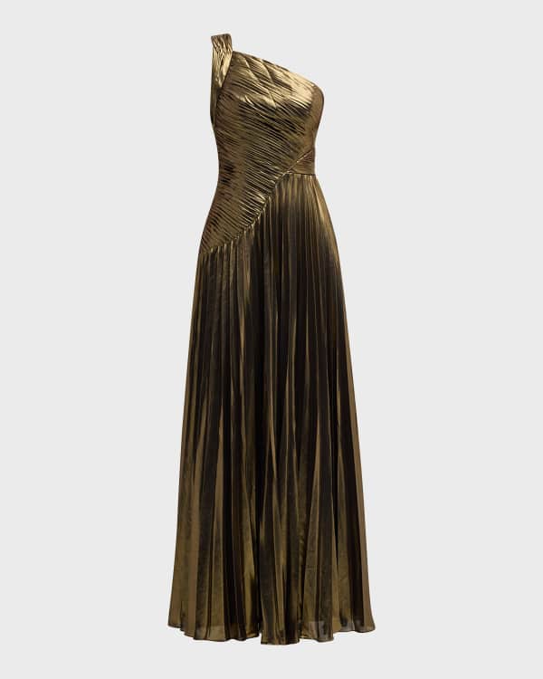 Liv Foster Pleated Deep V-Neck Metallic Foil Gown | Neiman Marcus
