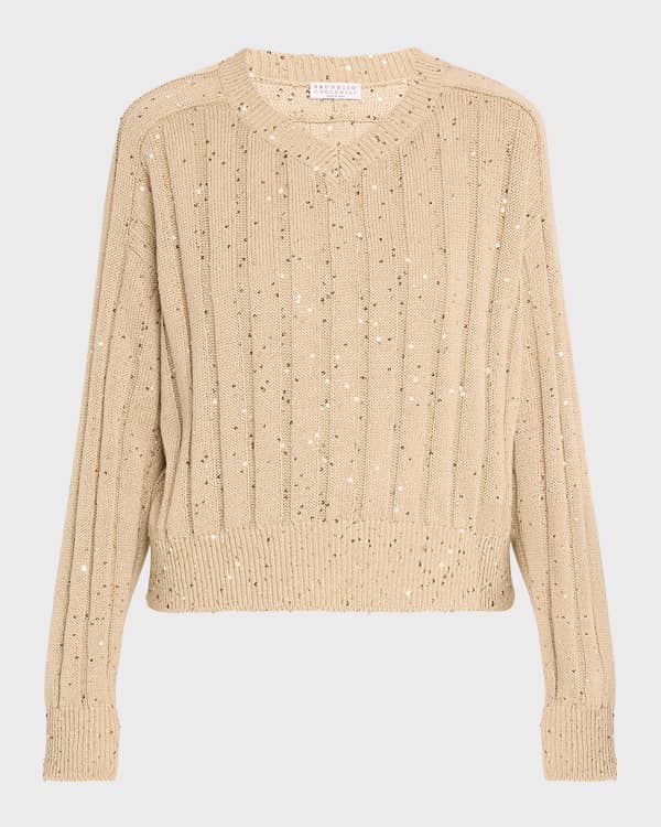 Brunello Cucinelli Linen Open-Work Knit Crewneck with Micro Paillette ...