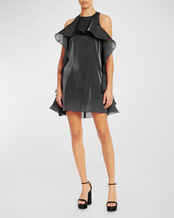 Marchesa Notte One-Shoulder Foiled Ruffle Mini Dress | Neiman Marcus