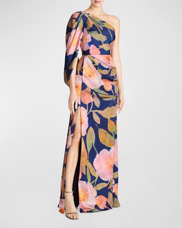 Theia Mimi Ruched Floral-Print Halter Gown | Neiman Marcus