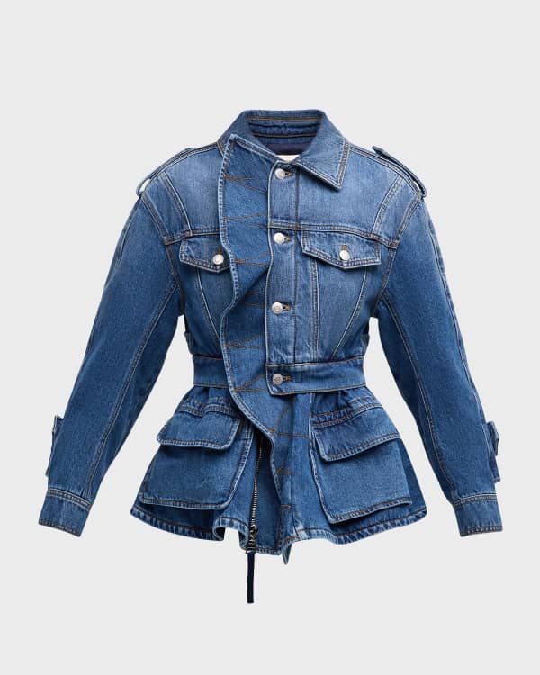 Alexander McQueen Peplum High-Neck Denim Jacket | Neiman Marcus