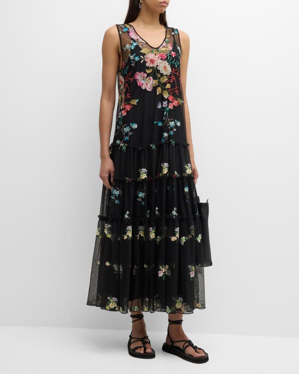 Johnny Was Ruksana Floral-Print Lace-Trim Maxi Dress | Neiman Marcus