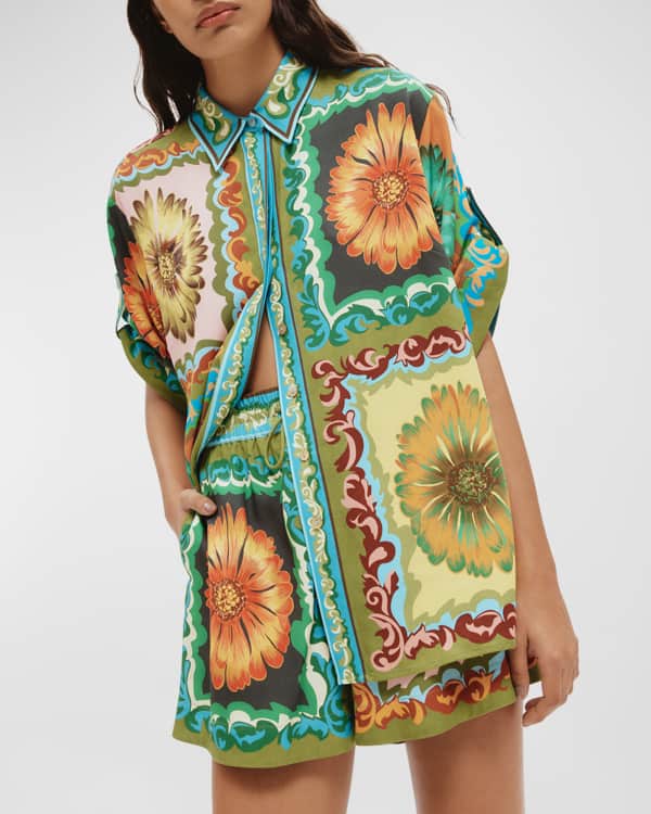 ALEMAIS Gilly Bird-Print Linen Button-Front Shirt | Neiman Marcus