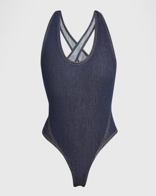 ALAIA Button-Front Denim Bodysuit | Neiman Marcus