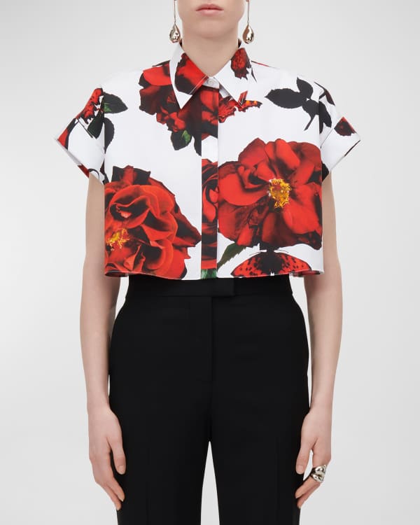 CASABLANCA Check Crochet Short-Sleeve Crop Polo Shirt | Neiman Marcus