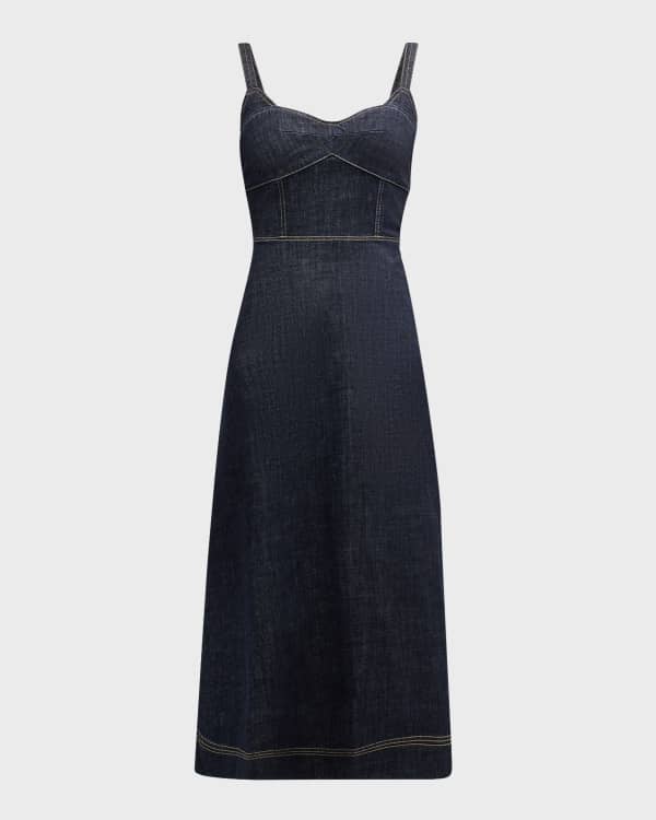 SIMKHAI Doran Denim One-Shoulder Cutout Midi Wrap Dress | Neiman Marcus