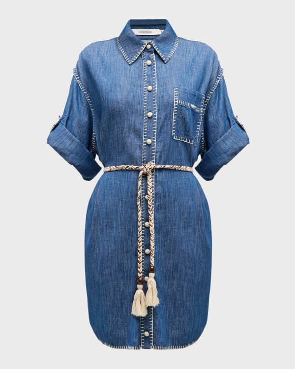 Burberry Rose-Print Cuff Belted Denim Shirtdress | Neiman Marcus