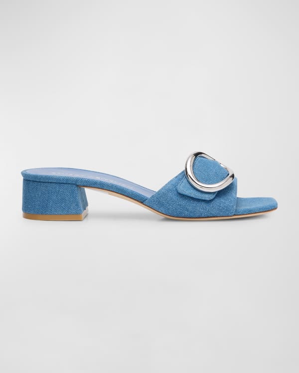 Stuart Weitzman Pearlita Studded Denim Slide Sandals | Neiman Marcus