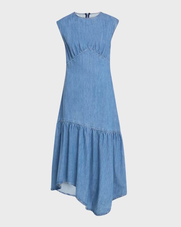 SIMKHAI Doran Denim One-Shoulder Cutout Midi Wrap Dress | Neiman Marcus
