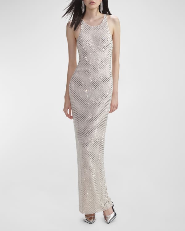 Self-Portrait Hotfix Draped Off-Shoulder Rhinestone Fishnet Maxi Dress ...