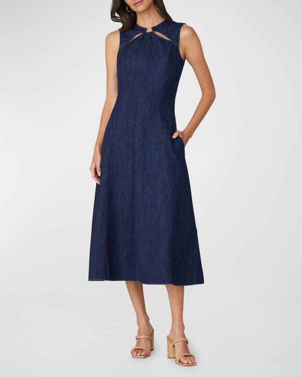 SIMKHAI Doran Denim One-Shoulder Cutout Midi Wrap Dress | Neiman Marcus