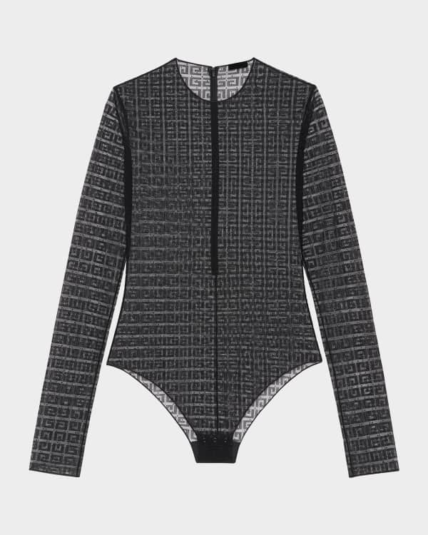Alberta Ferretti Embellished Long-Sleeve Mesh Bodysuit | Neiman Marcus