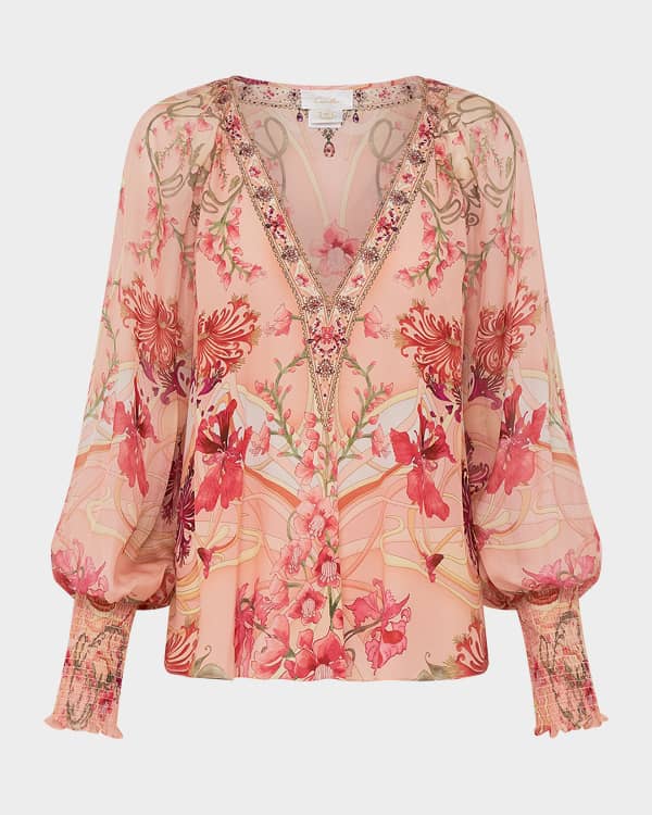 Johnny Was Hunni Floral-Print Silk Chiffon Blouse | Neiman Marcus