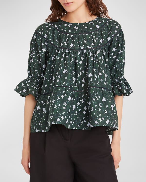 Merlette Sol Tiered Lace-Inset Blouson-Sleeve Top | Neiman Marcus