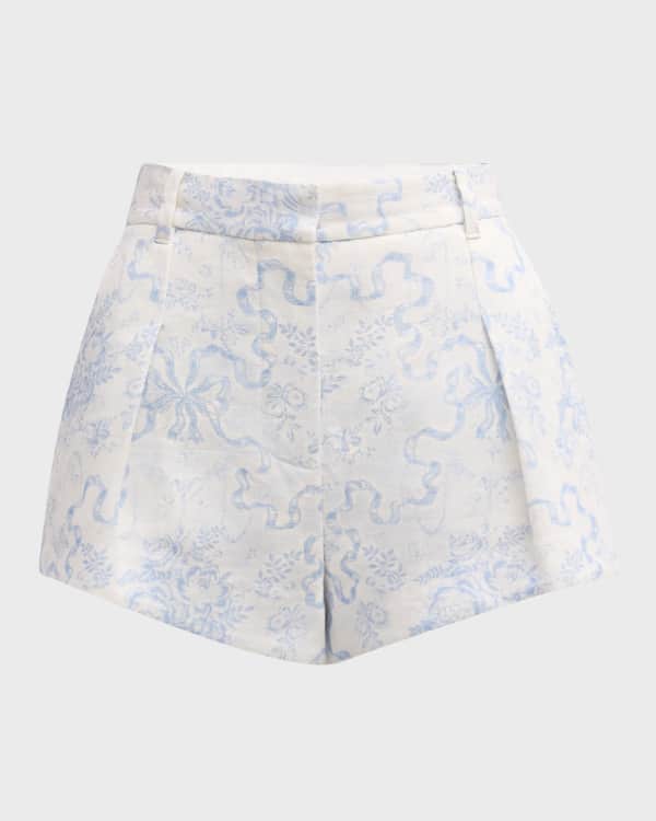 120% Lino Pleated Floral-Print Linen Shorts | Neiman Marcus