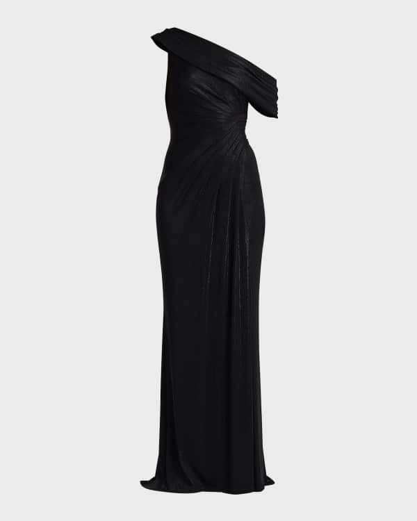 Jovani One-Shoulder Pleated A-Line Cape Gown | Neiman Marcus