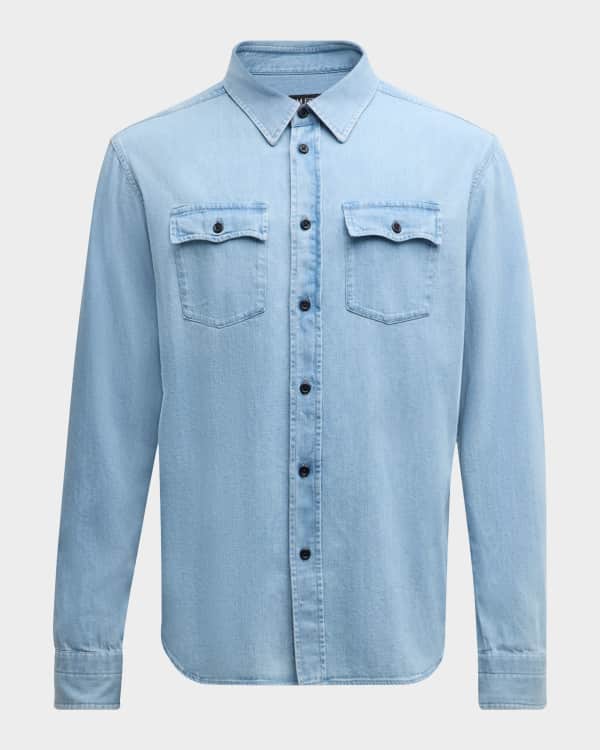 Helmut Lang Men's Curved Denim Snap-Front Shirt | Neiman Marcus
