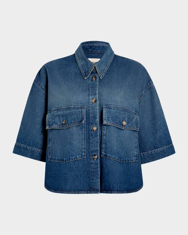 Burberry Heavyweight Denim Short-Sleeve Button-Front Shirt | Neiman Marcus