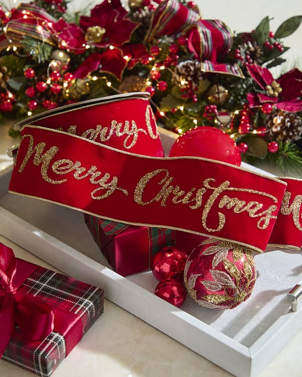 D. Stevens Velvet Glitter Merry Christmas Ribbon, 6" x 70" | Neiman Marcus