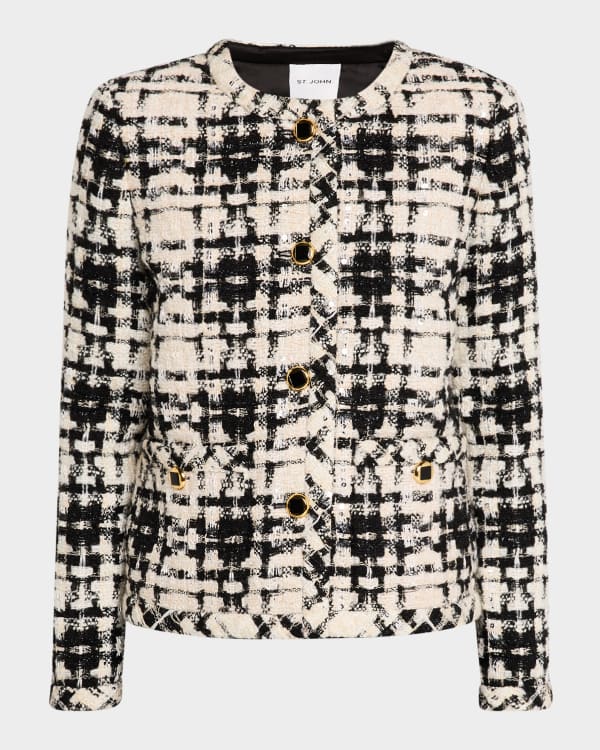 St. John Metallic Knit-Trim Textured Slub Tweed Jacket | Neiman Marcus