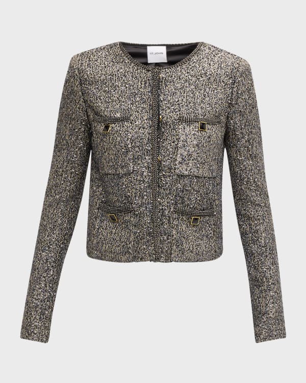 St. John Metallic Knit-Trim Textured Slub Tweed Jacket | Neiman Marcus