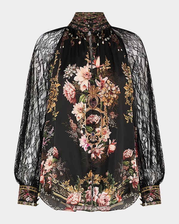 ALEMAIS Gilly Bird-Print Linen Button-Front Shirt | Neiman Marcus