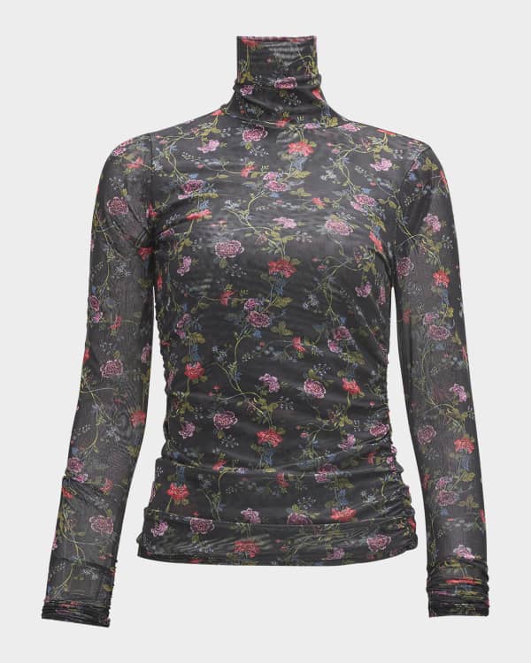 Ganni Floral Mesh Long-Sleeve Turtleneck Top | Neiman Marcus
