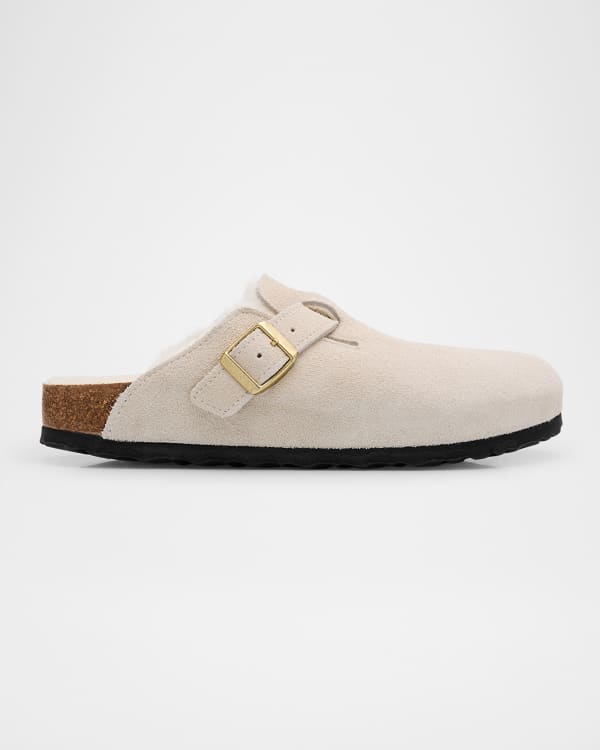 BIRKENSTOCK Boston Suede Shearling Buckle Slide Clogs | Neiman Marcus