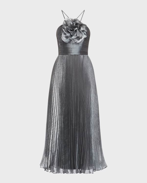 Zac Posen Pleated Metallic Floral Jacquard Midi Dress | Neiman Marcus