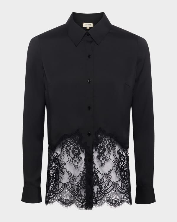 Misook Pintuck Lace-Inset Crepe De Chine Blouse | Neiman Marcus
