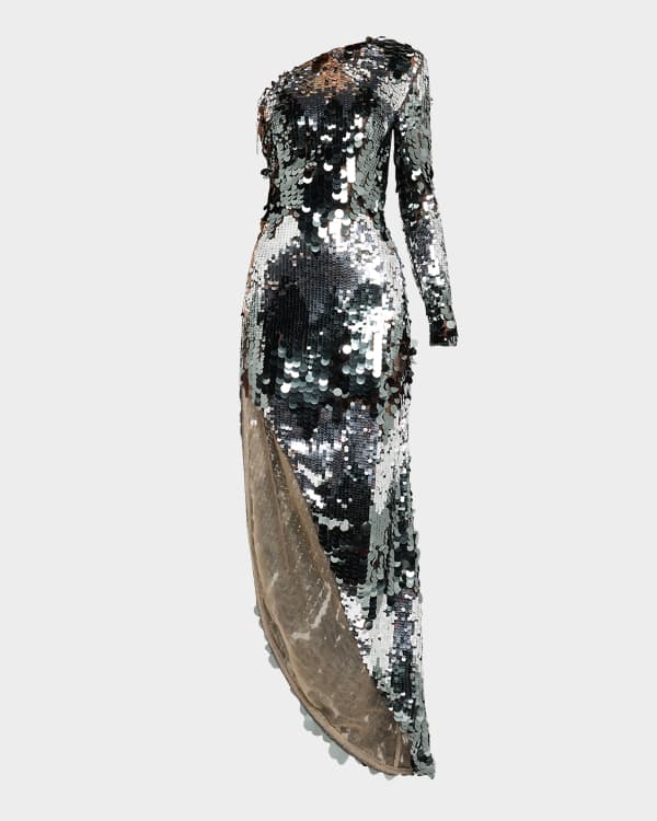 SHO One-Shoulder Side-Slit Ruched Sequin Gown | Neiman Marcus