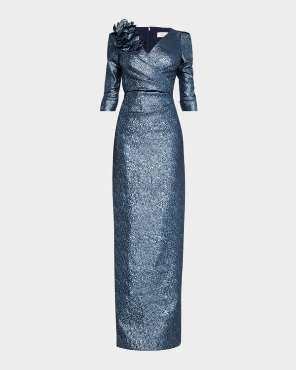 Rickie Freeman for Teri Jon Side-Drape Stretch Metallic Jacquard Gown ...