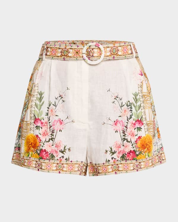 Camilla Tuck-Front Floral-Print Linen Shorts | Neiman Marcus
