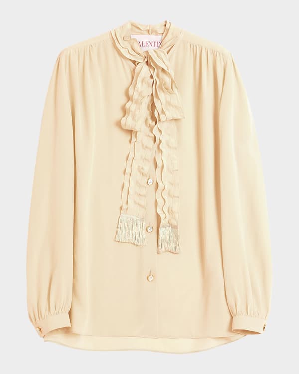 Maison Common Butterfly-Print Ruffle Silk Blouse | Neiman Marcus