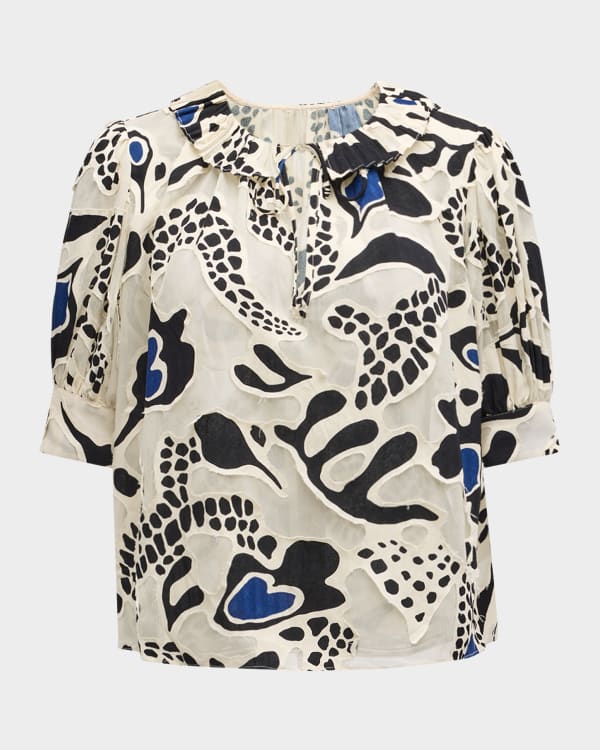 Busayo Sade Tiered Puff-Sleeve Batik Top | Neiman Marcus