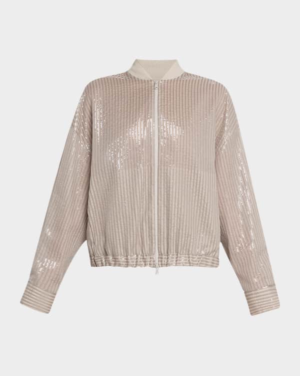 Brunello Cucinelli Crispy Silk Organza Bomber Jacket with Feather and Shiny Embroidery | Neiman ...