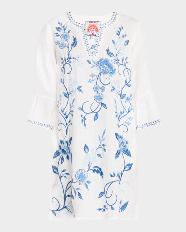 Johnny Was Barbara Embroidered Linen-Cotton Mini Dress | Neiman Marcus