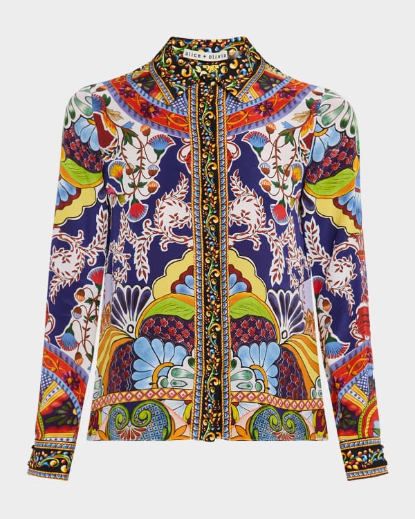 Alice + Olivia Kiss Kiss Willa Wide Cuff Placket Top with Piping ...