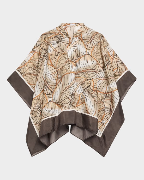 Brunello Cucinelli Botanical-Print Monili-Trim Pongee Silk Poncho ...