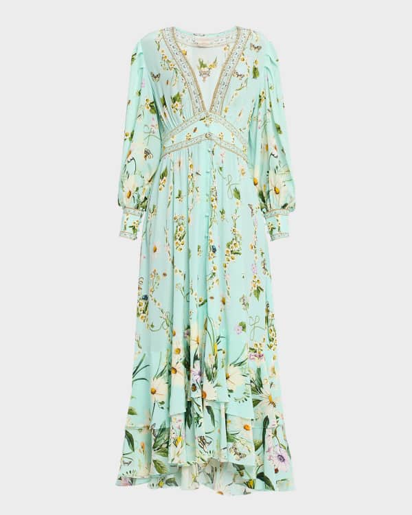 Camilla Long Frilled Silk Button-Front Dress | Neiman Marcus