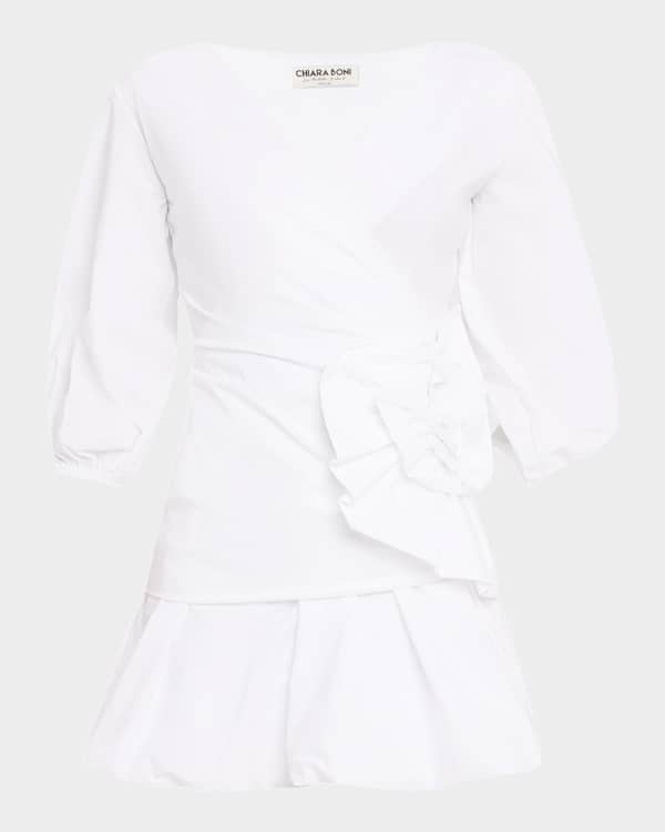 SIMKHAI Adasia Split-Neck Ruffle-Hem Mini Dress | Neiman Marcus