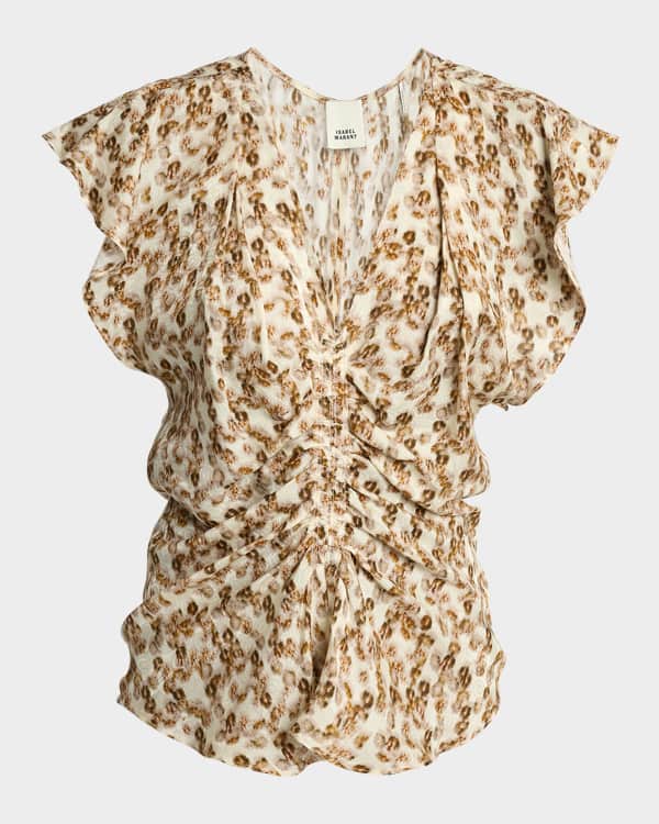 Isabel Marant Lonea Printed Ruffle Sleeve Silk Top | Neiman Marcus