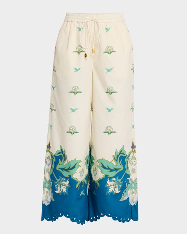 ALEMAIS Gilly Bird-Print Wide-Leg Linen Pants | Neiman Marcus
