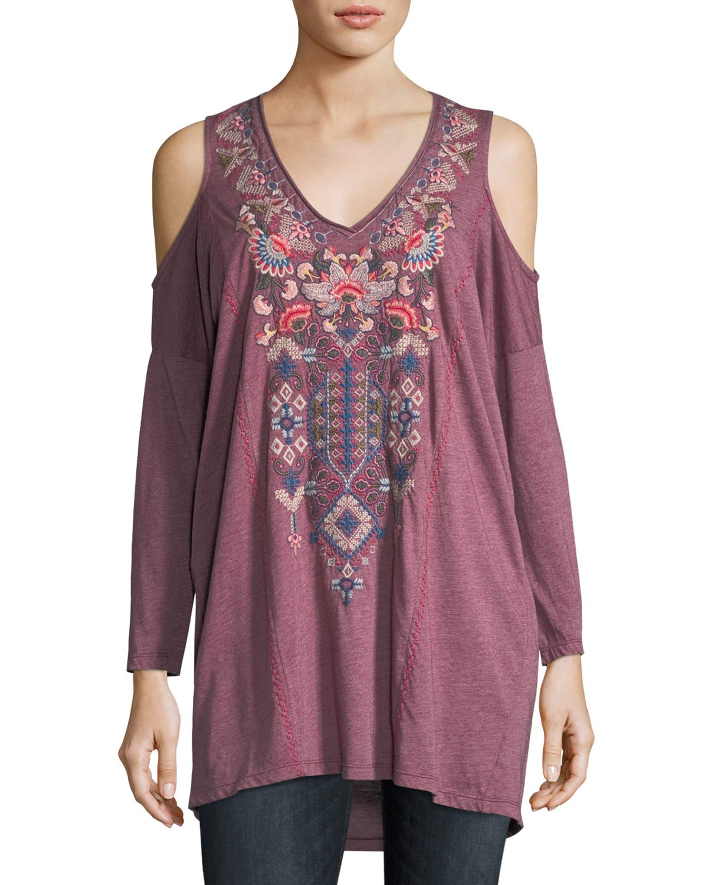 Johnny Was Nindi Cold-Shoulder Embroidered Top | Neiman Marcus