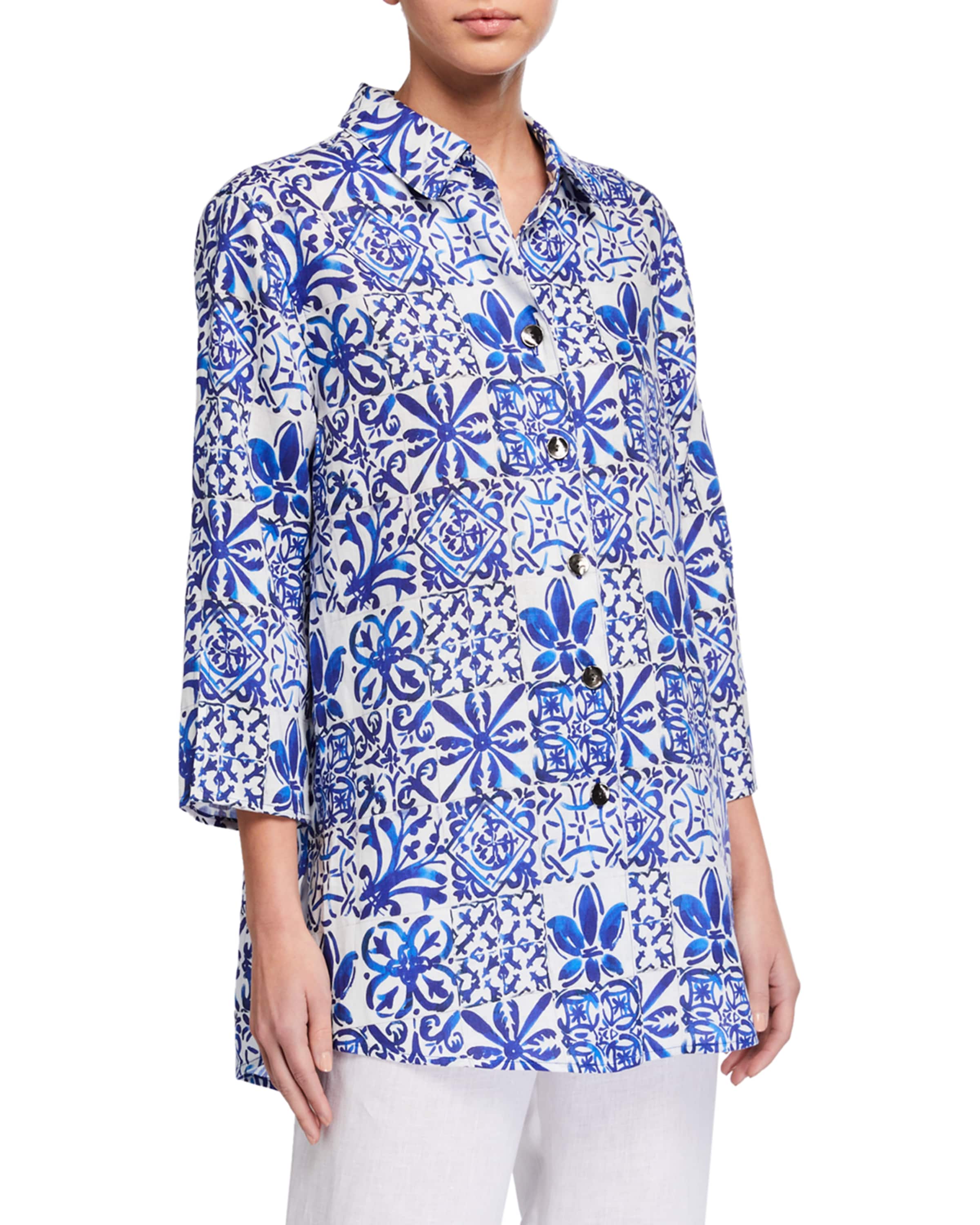 Caroline Rose Plus Size Greek Island Printed Linen Easy Button-Front ...