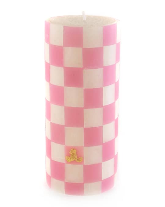 MacKenzie-Childs Pink Check 6" Pillar Candle | Neiman Marcus